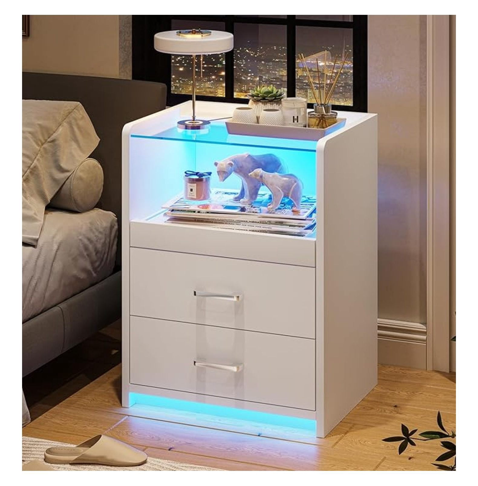 White Nightstand with Charging Station & LED Lights, 2 Drawers - Modern ...