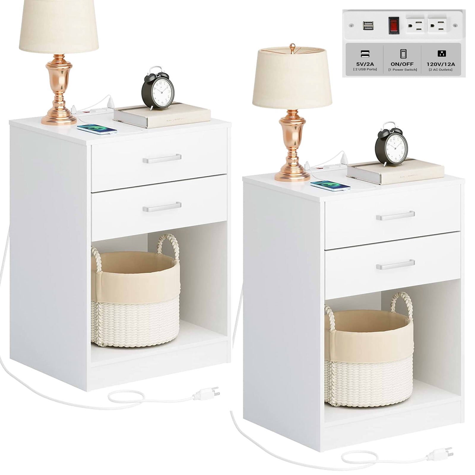 Set of 2 White Nightstand with USB Charger & 2 Outlet Bedside Table for ...