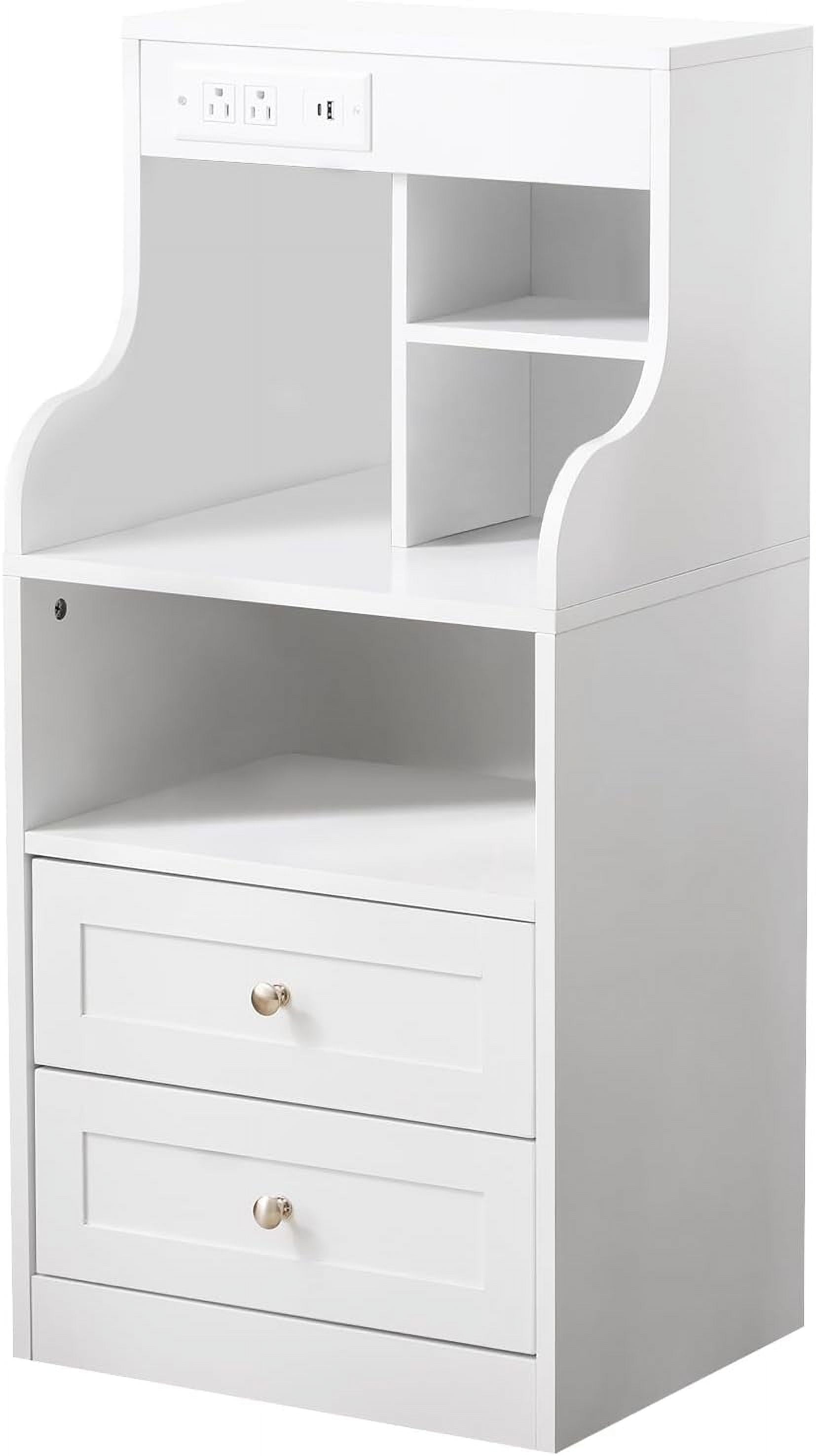 White Nightstand with Charging Station, Tall Night Stand with Drawers ...