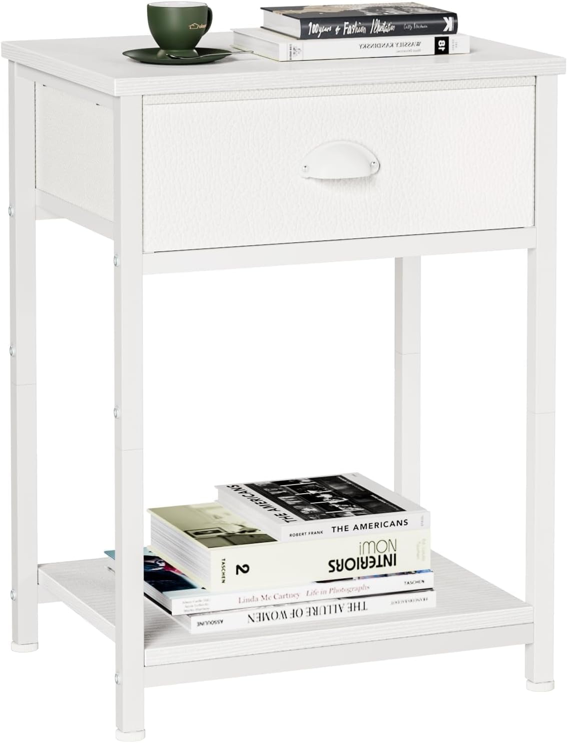White Nightstand with Fabric Drawer, Small Side Table for Small Spaces ...