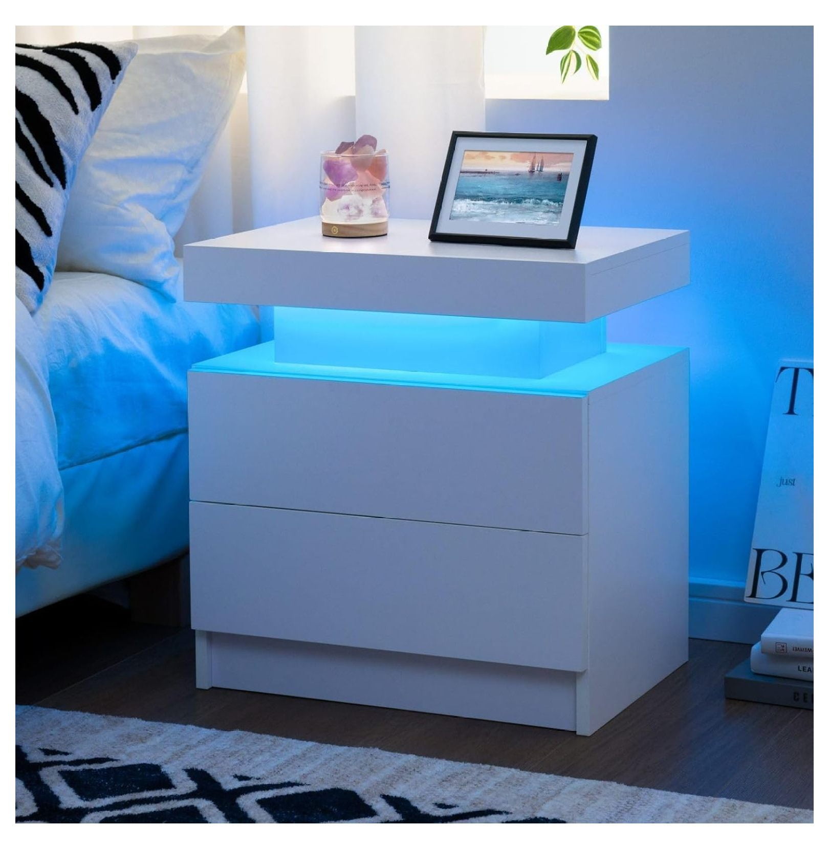 White Nightstand with LED Light Nightstand with 2 Drawers Modern ...