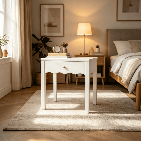 White Nightstand with Wavy Drawer, Modern Bedside Table for Small ...