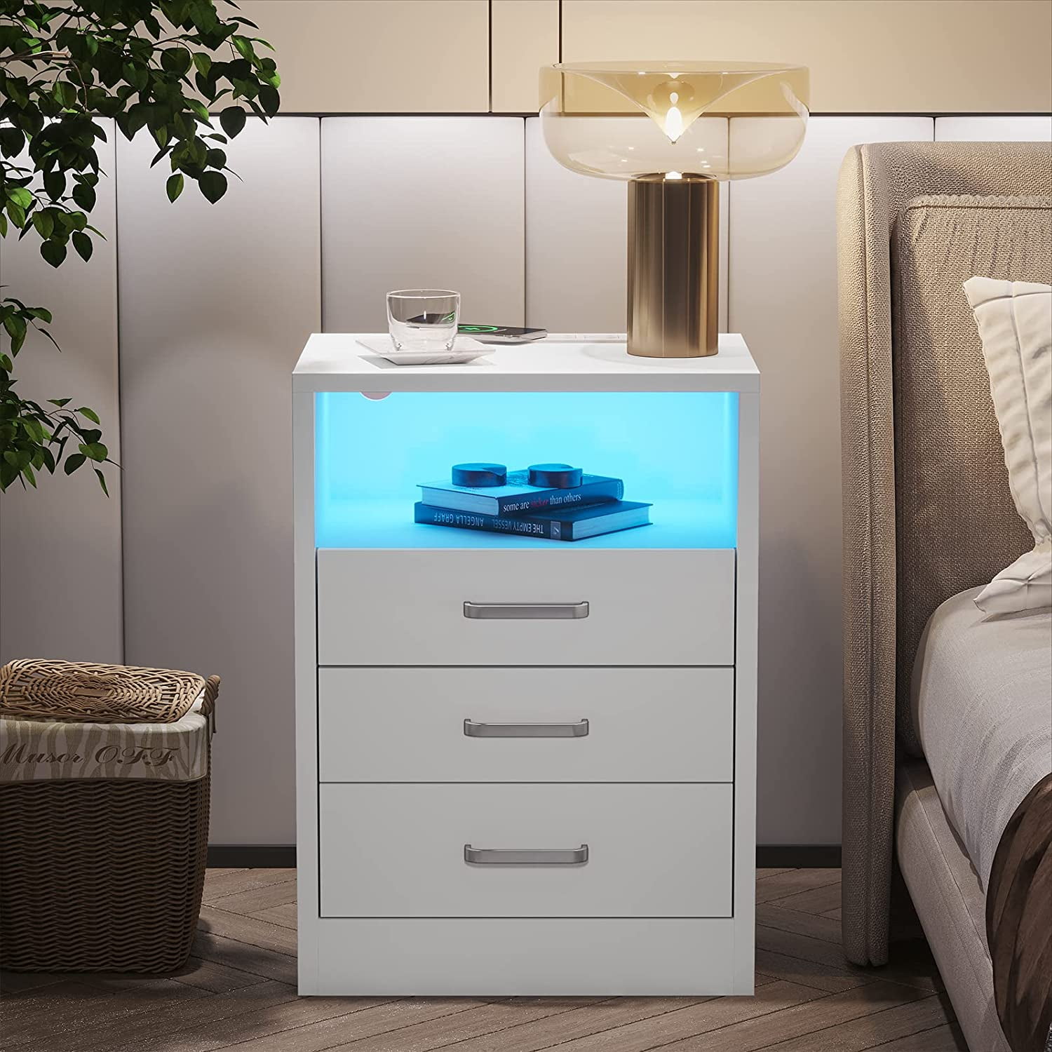 White Nightstand with Wireless Charging Station and LED Lights Bedside ...