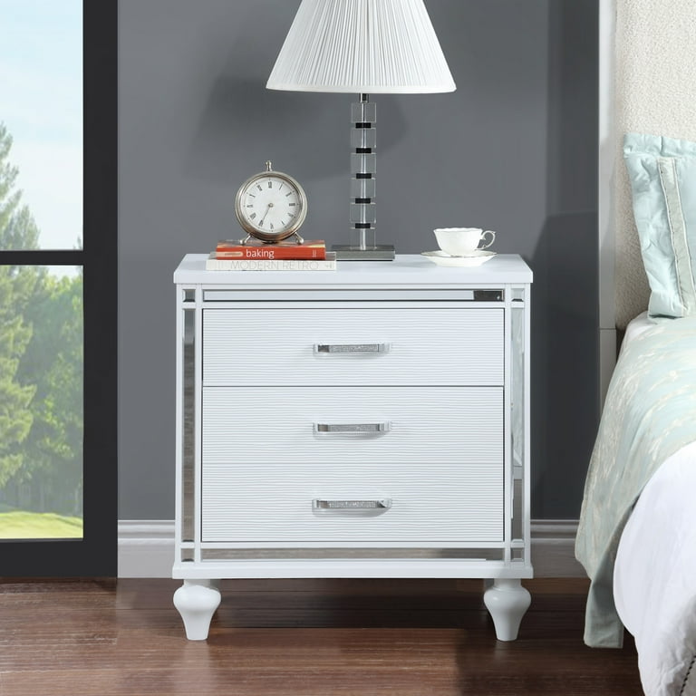 White Nightstands Modern Bedside Tables with Mirror Frame Accents Mirrored Nightstand with 2 Drawers and 1 Hidden Drawer End Table with Silver Handle for Living Room Bedroom Walmart