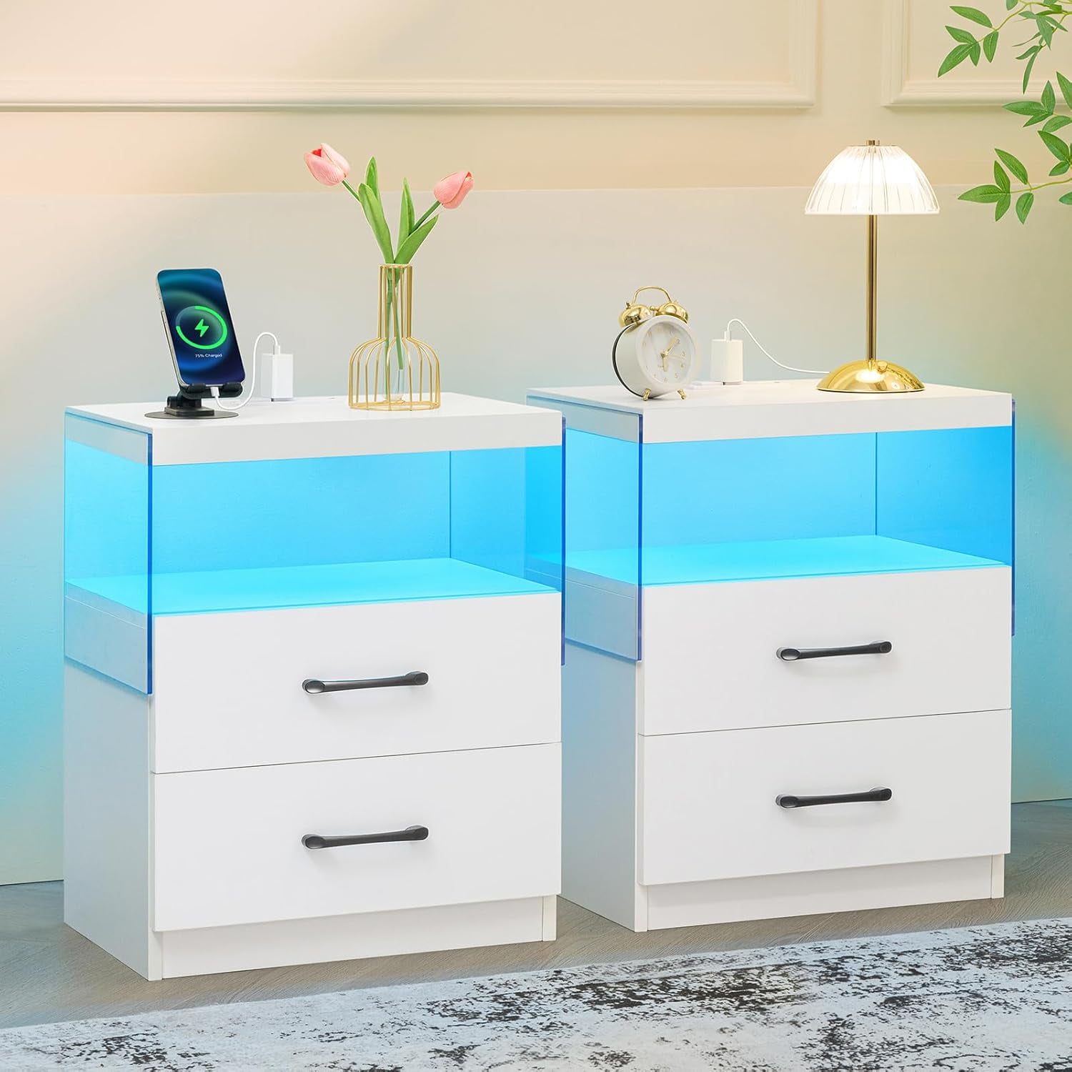 White Nightstands Set of 2 LED Nightstand with Charging Station, 2 ...