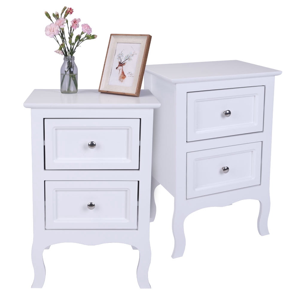 White Nightstands Set of 2, Mid-Century Modern End Side Table with 2 ...