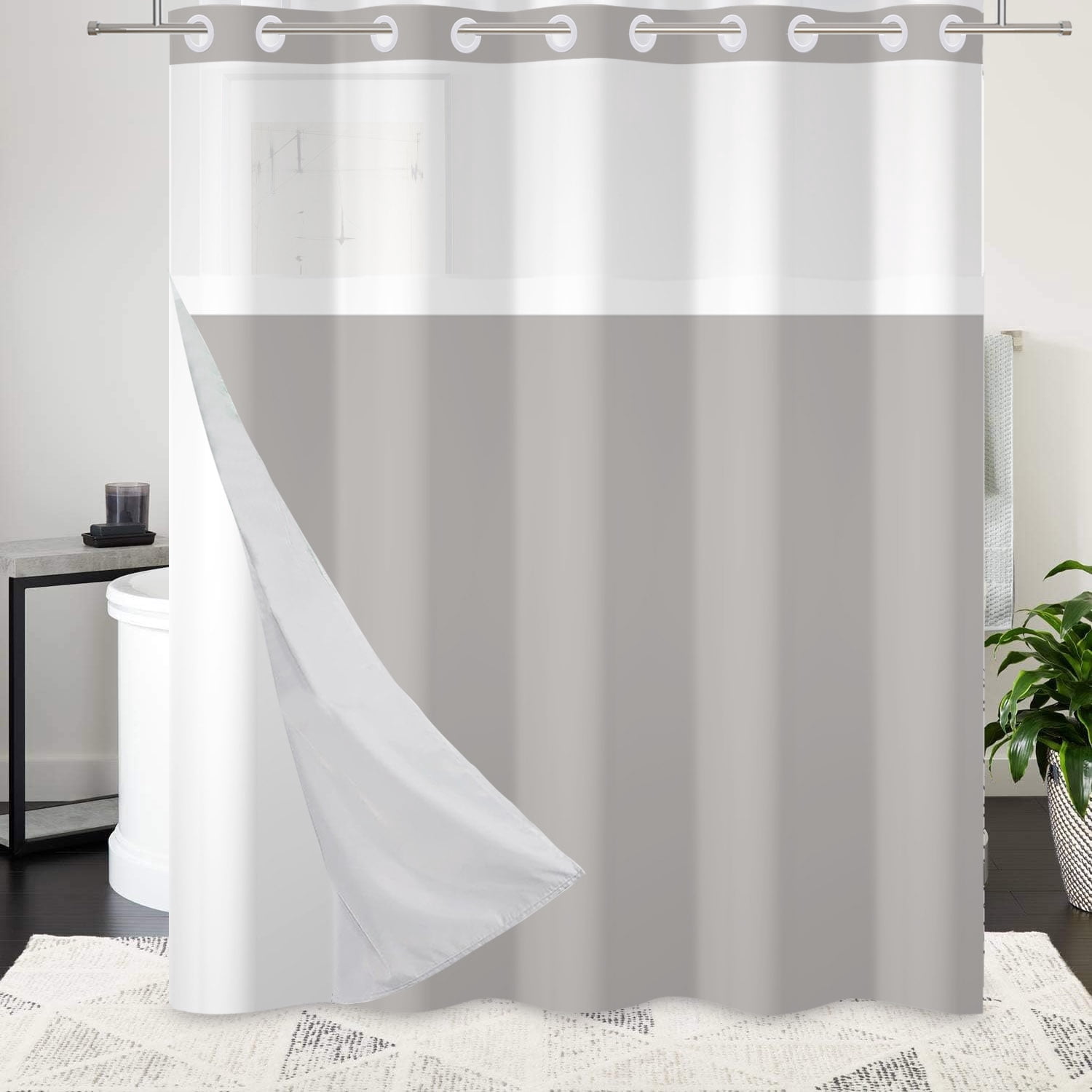 White No Hook Shower Curtain with Snap in Liner Hotel Grade Spa Like ...