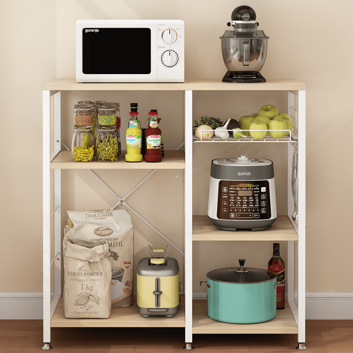 White Oak 3-Tier Baker's Rack - Kitchen Utility Cart with Microwave ...