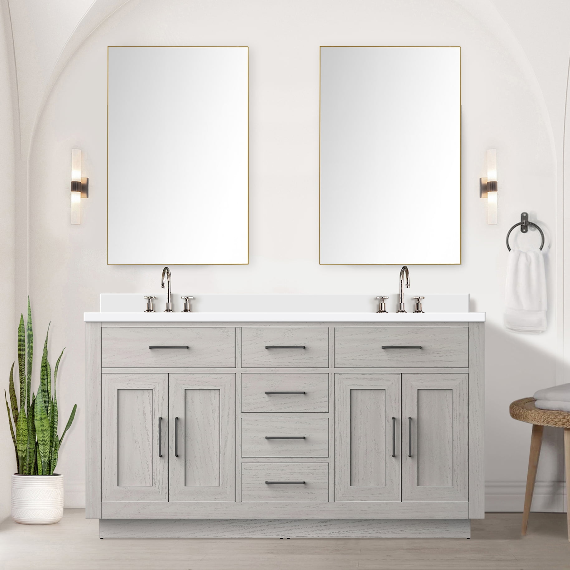 White Oak Bath Vanity 60" With Faucet And Quartz Countertop Top 60 In ...
