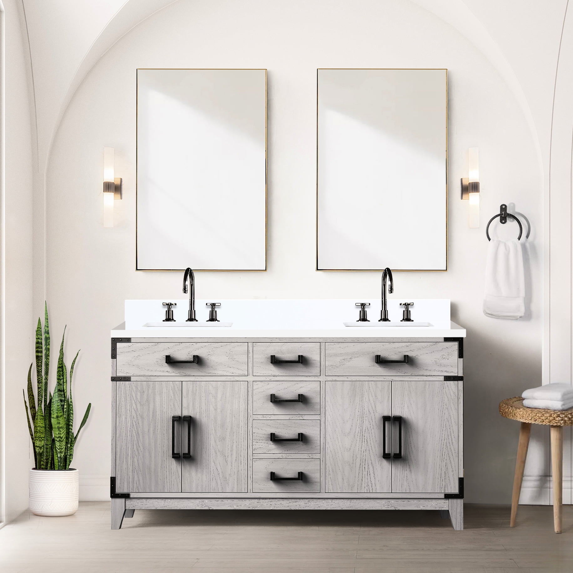 White Oak Bath Vanity 60"x22" With Sealed Cultured Marble Top & 28 ...