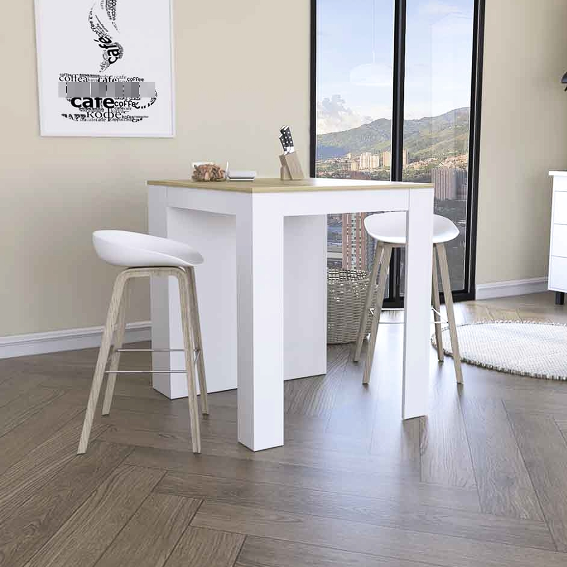 White / Oak Dining Table With Three Open Shelves For Storage - Modern ...
