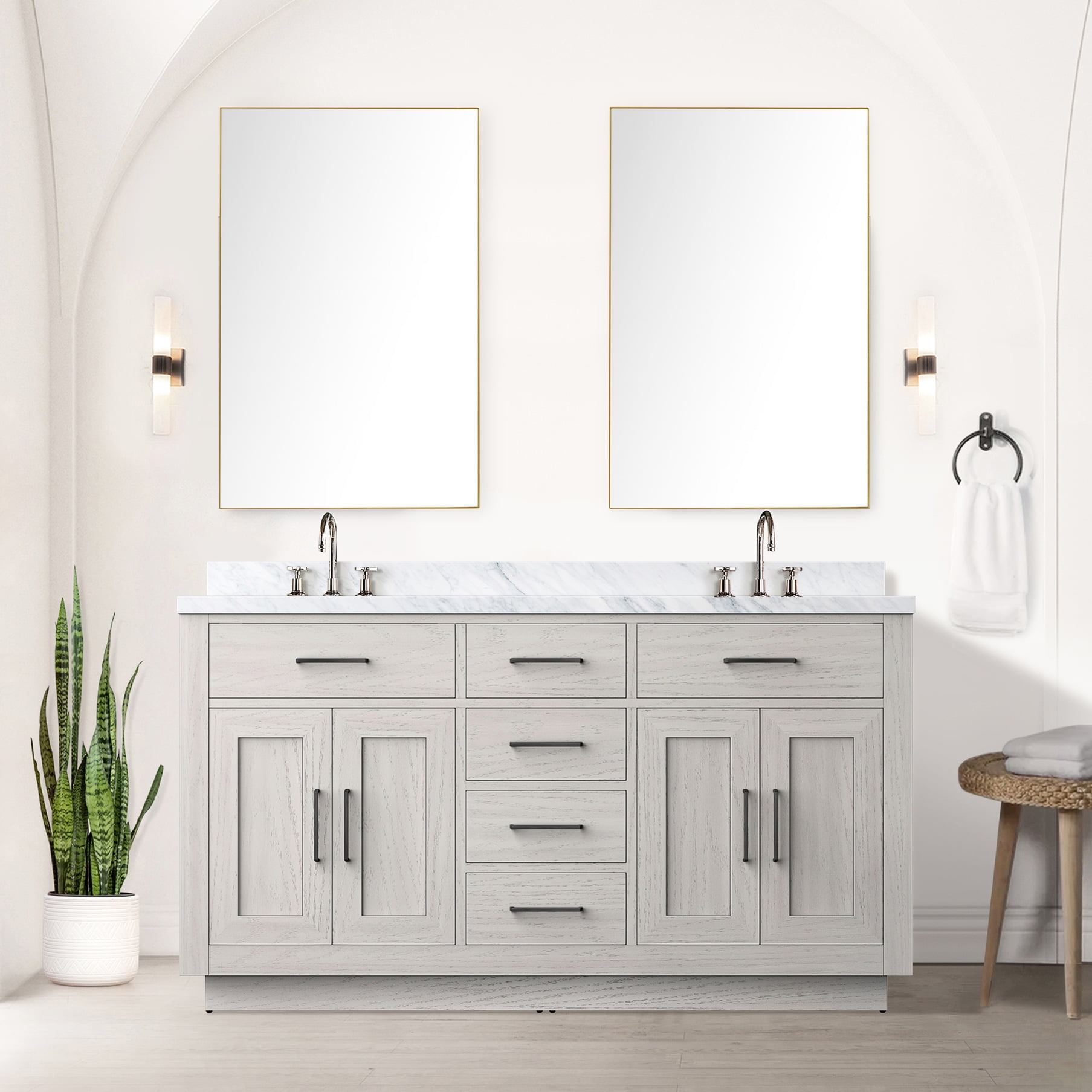 White Oak Double Bathroom Vanity 60 In. X 22 In., Marble, Faucet , Soft ...