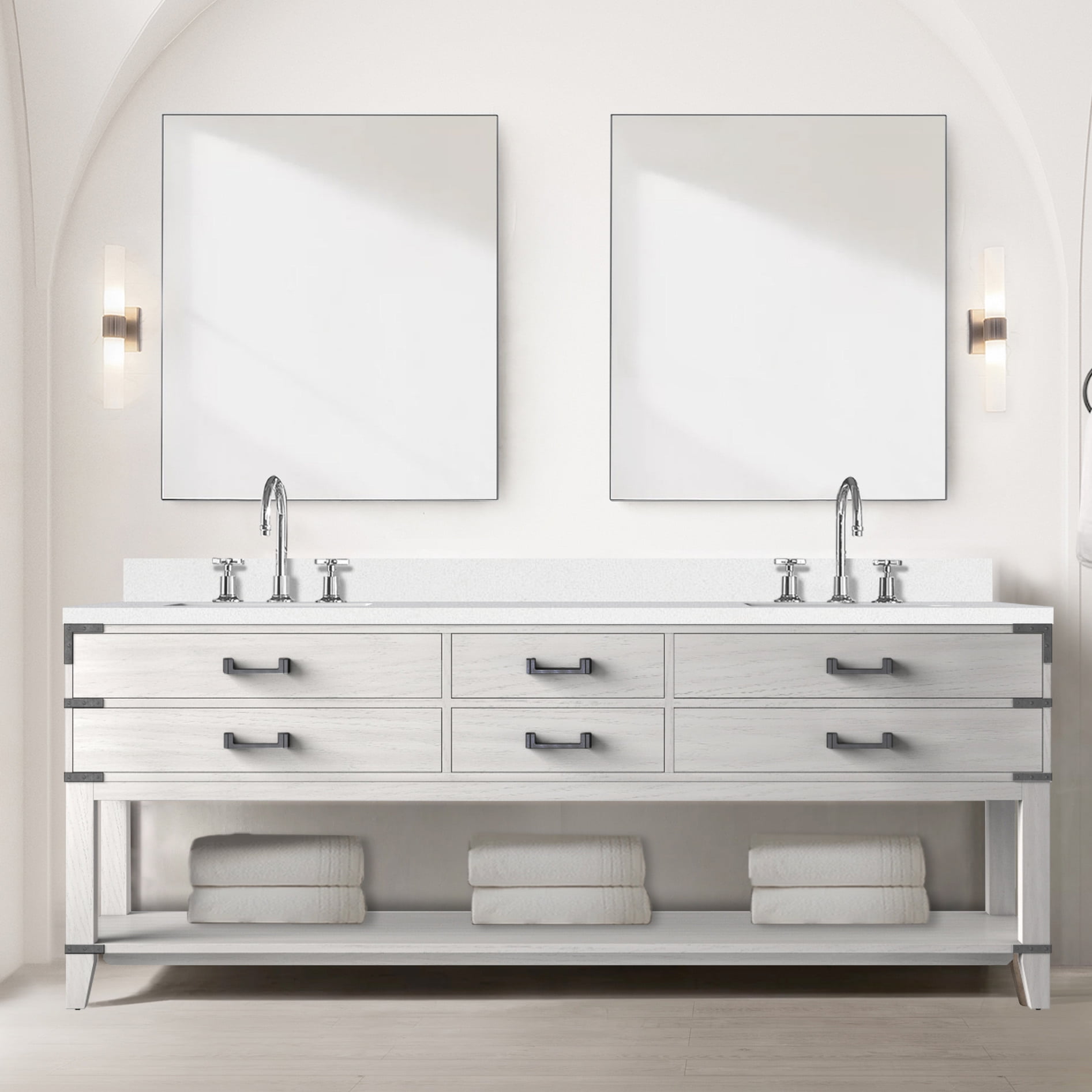 White Oak Double Bathroom Vanity 84in W X 22in D, Marble Top, Faucet ...