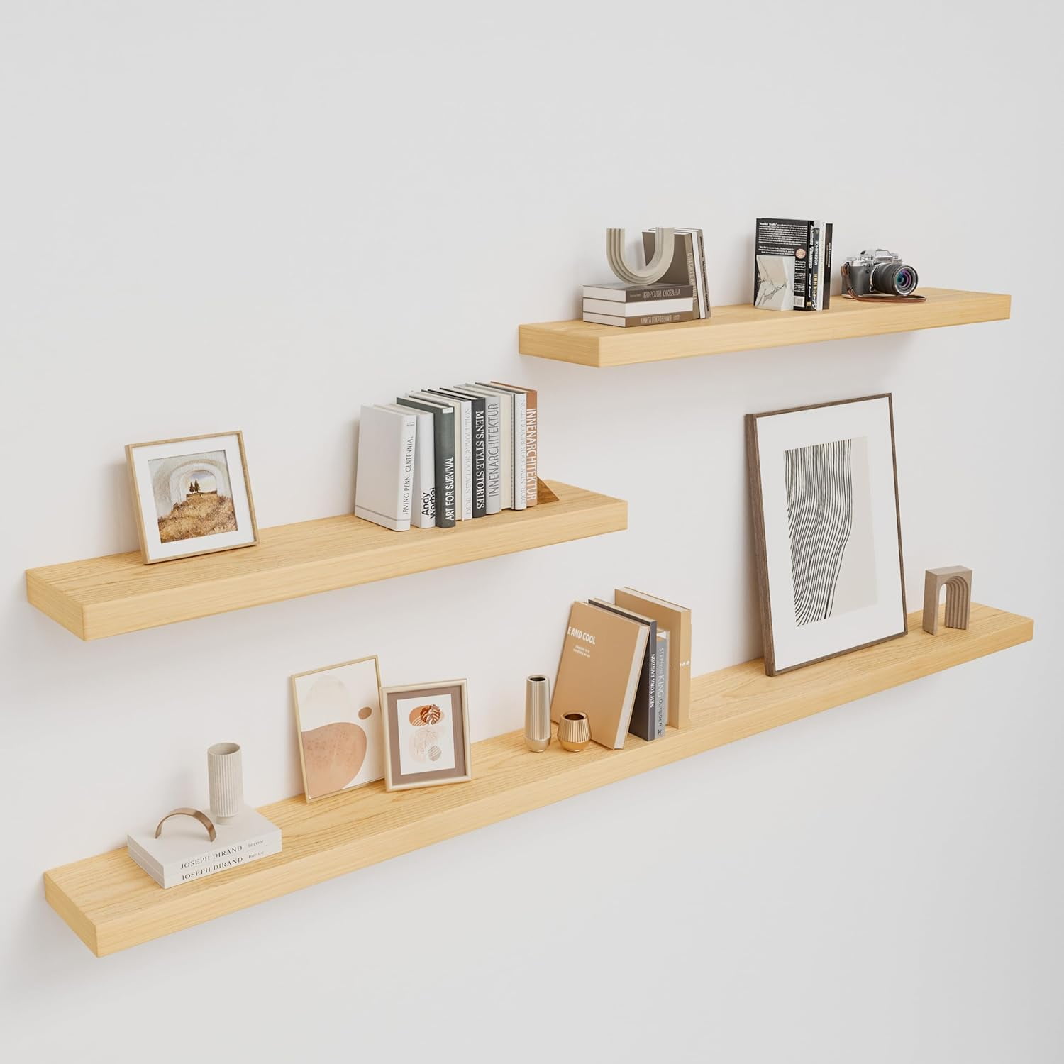 White Oak Floating Shelf for Wall,3-Piece Long Wood Floating Shelves ...