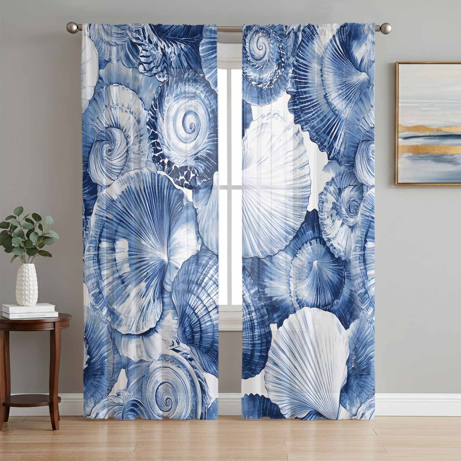 White Ocean Conch Sheer Curtains 63 Inch Length 2 Panels Set, Summer ...