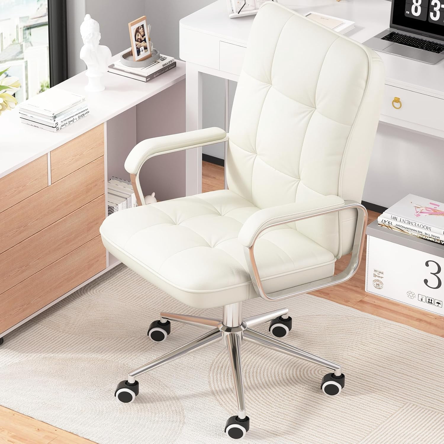 White Office Chair with Soft Leather, Swivel Computer Home Office Desk ...