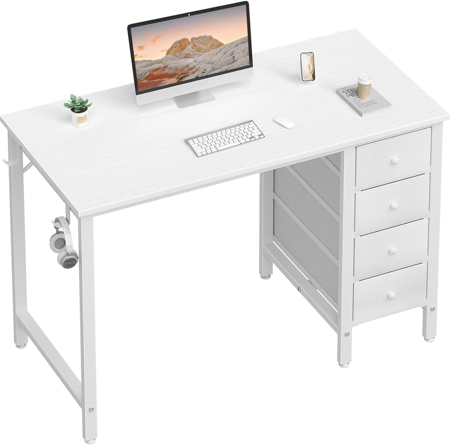 White Office Desk with Fabric Drawers - 40 Inch Small Teen Childrens ...
