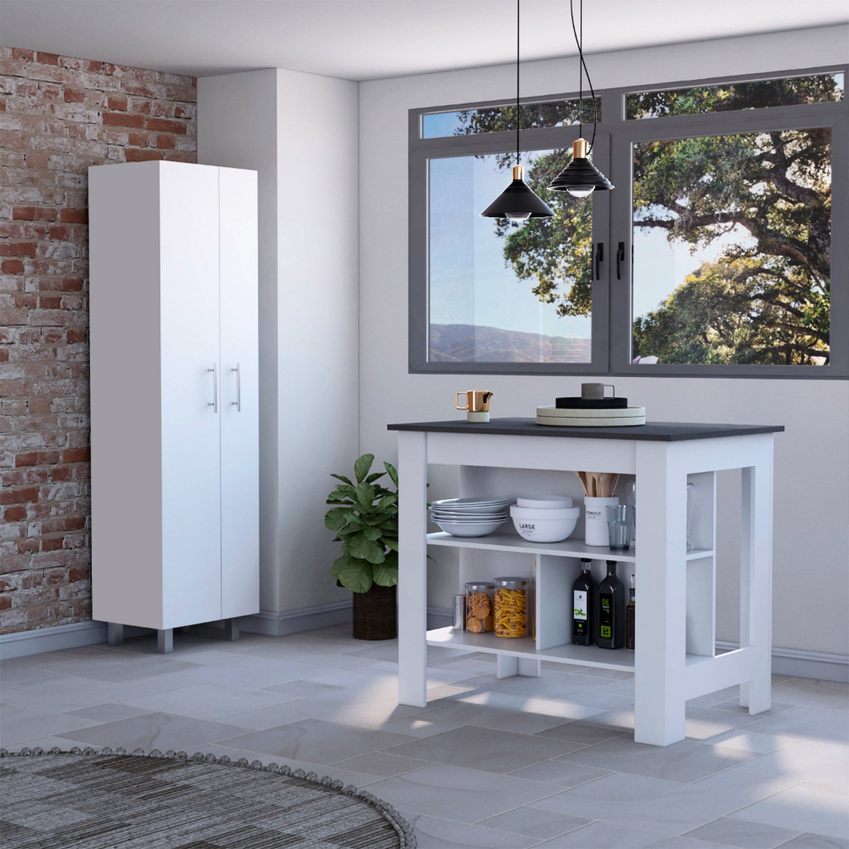 White Onyx Kitchen Island & Pantry - Spacious Surface, Five Shelves in ...