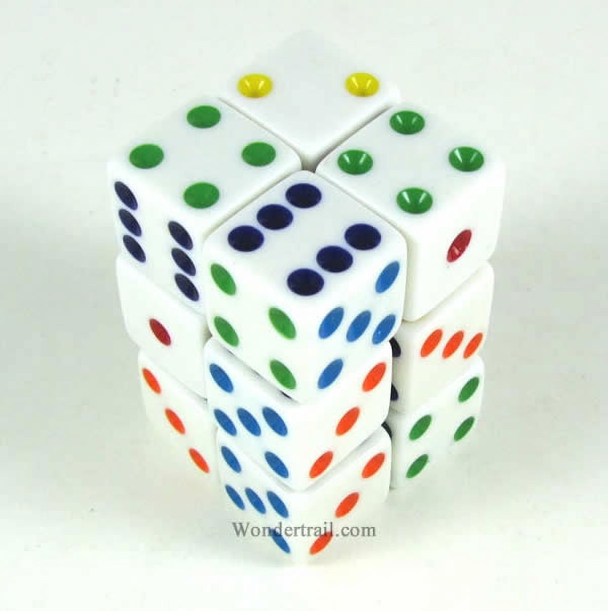 White Opaque Dice with Multi Color Pips D6 16mm (5/8in) Pack of 12 ...