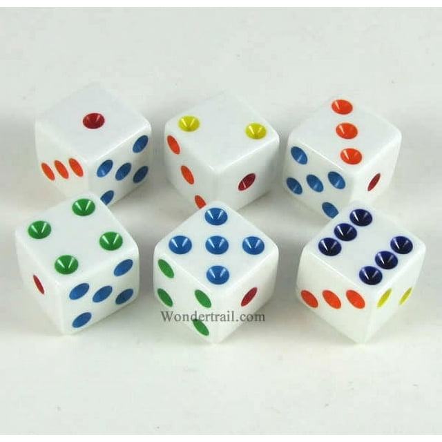 White Opaque Dice with Multi-Colored Pips D6 16mm (5/8in) Pack of 6 ...