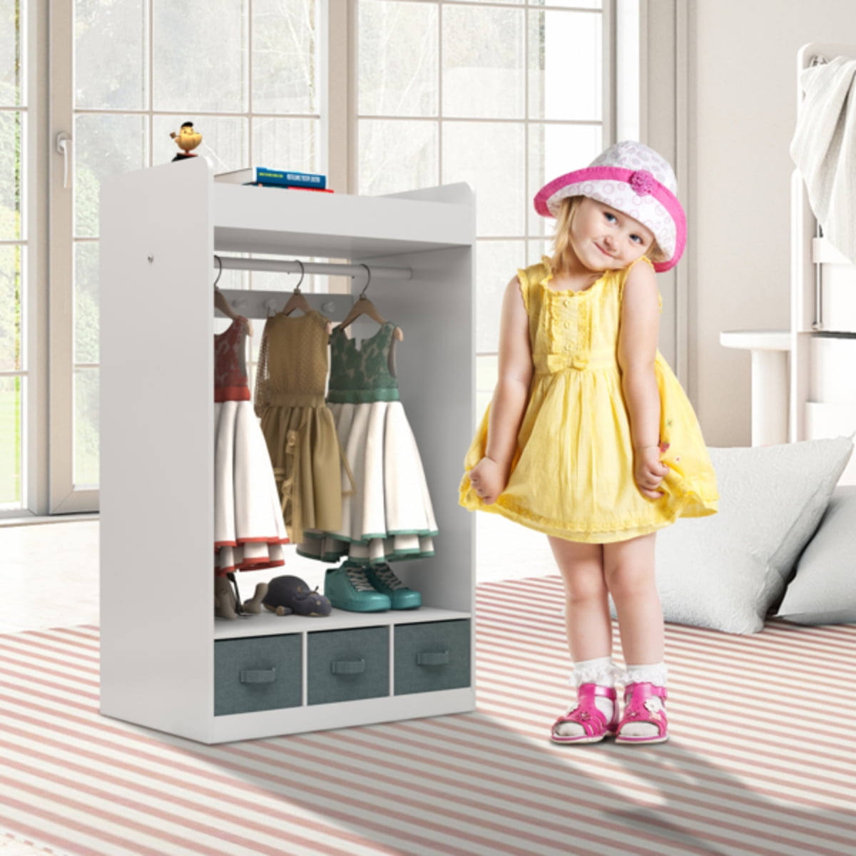 White Open Hanging Armoire Closet with Mirror - Kids Costume Organizer ...