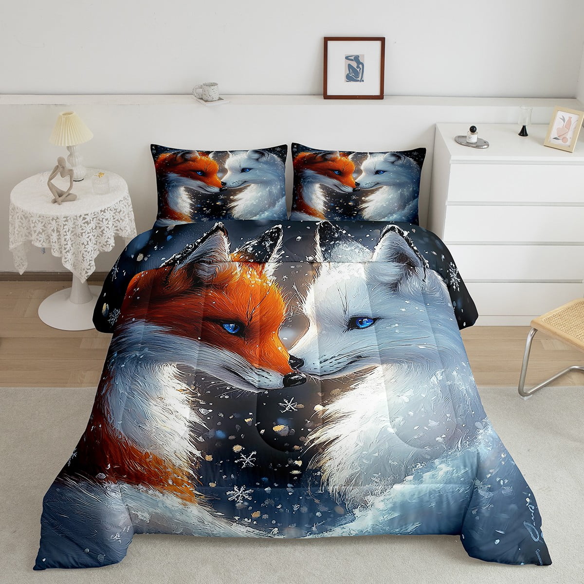 White Orange Fox Comforter Set King Size,Winter Snowflake Bedding Sets ...