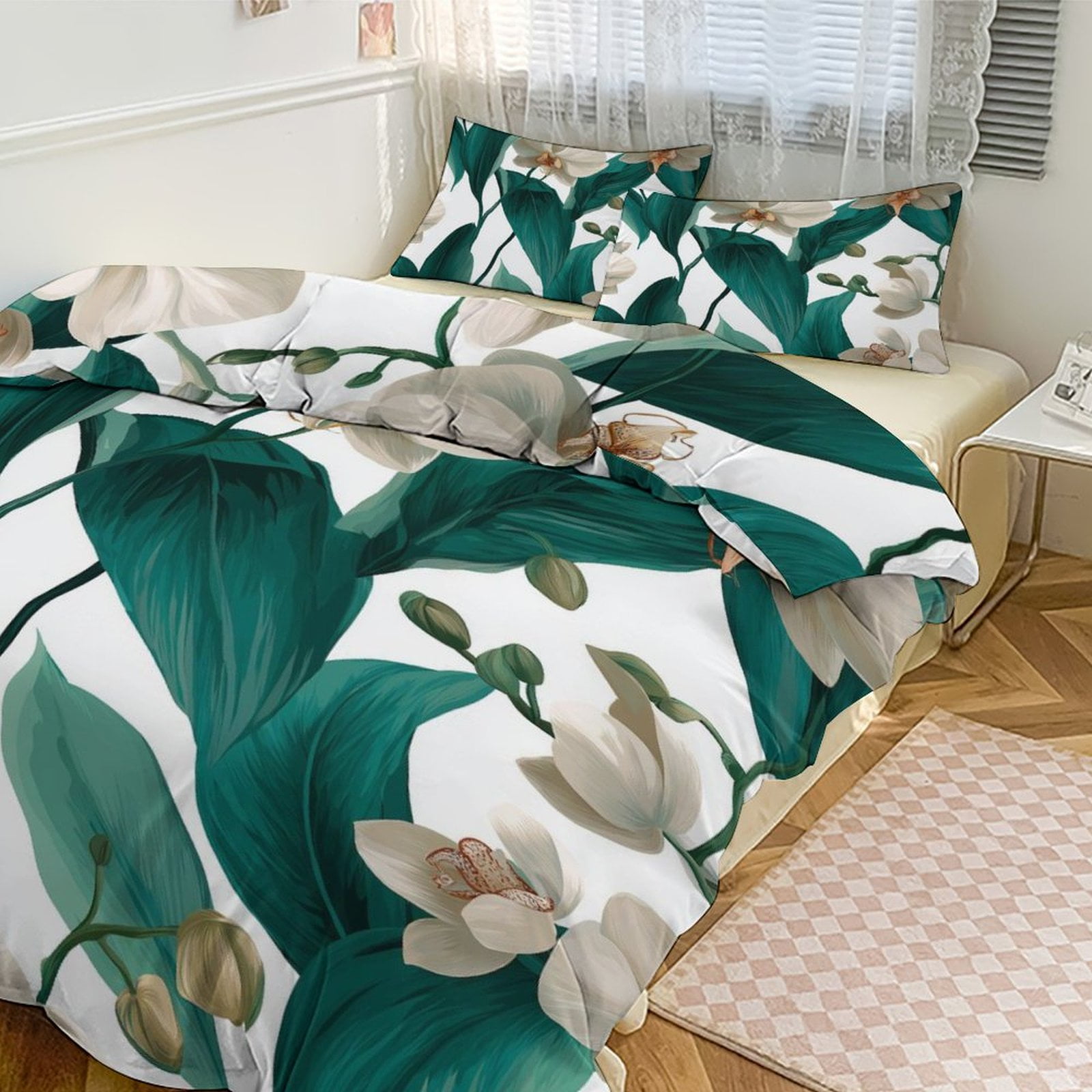 White Orchids Lush Green Leaves Floral Pattern Bedding Sets Twin Duvet ...