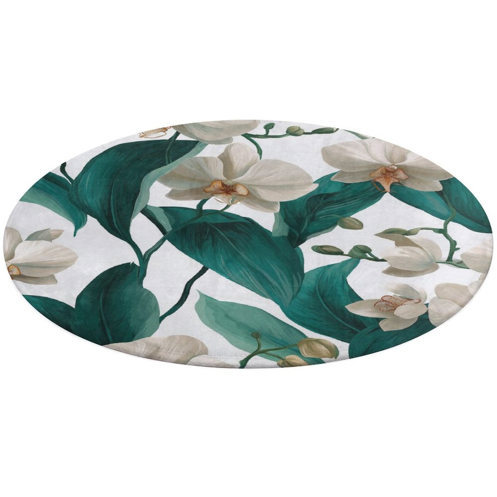 White Orchids Lush Green Leaves Floral Pattern Round Carpet Living Room ...