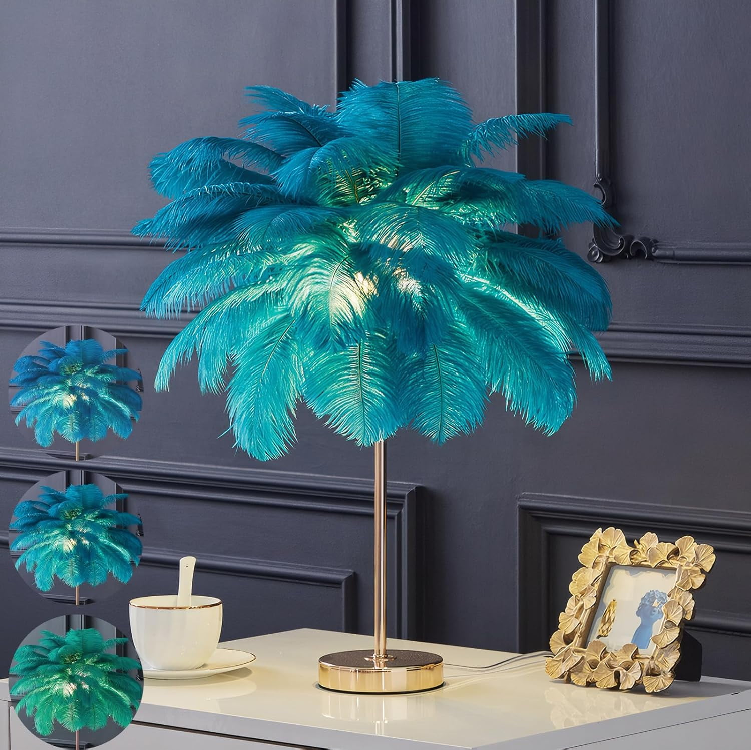 White Ostrich Feather Lamp,3-Color Temperature Modes,40 Feathers and 5 ...