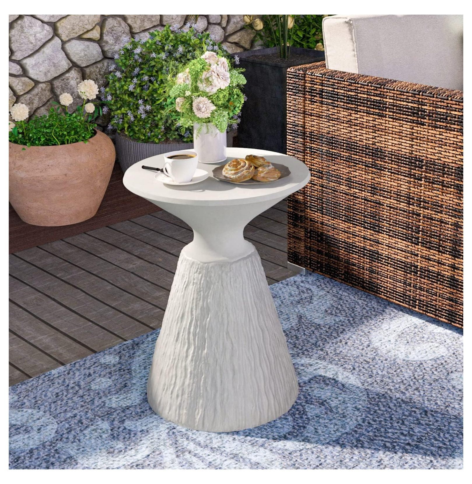 White Outdoor Side Table, Lightweight Small Round Concrete Accent Table ...