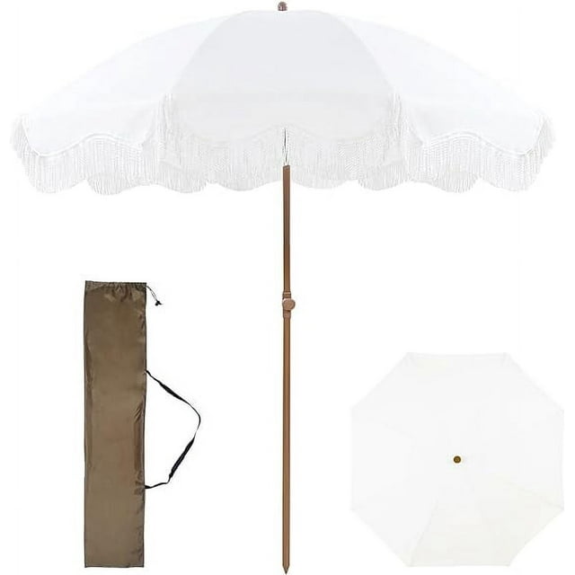White 6ft Outdoor Patio Umbrella with Fringe, UV Protection UPF50 ...
