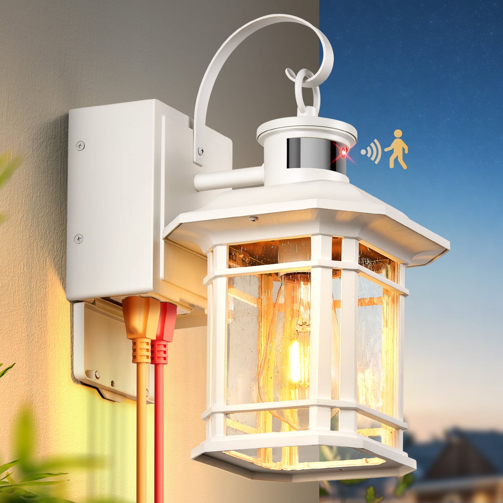 White Outside Lights for House with GFCI Outlet, 3 Modes Motion Sensor ...