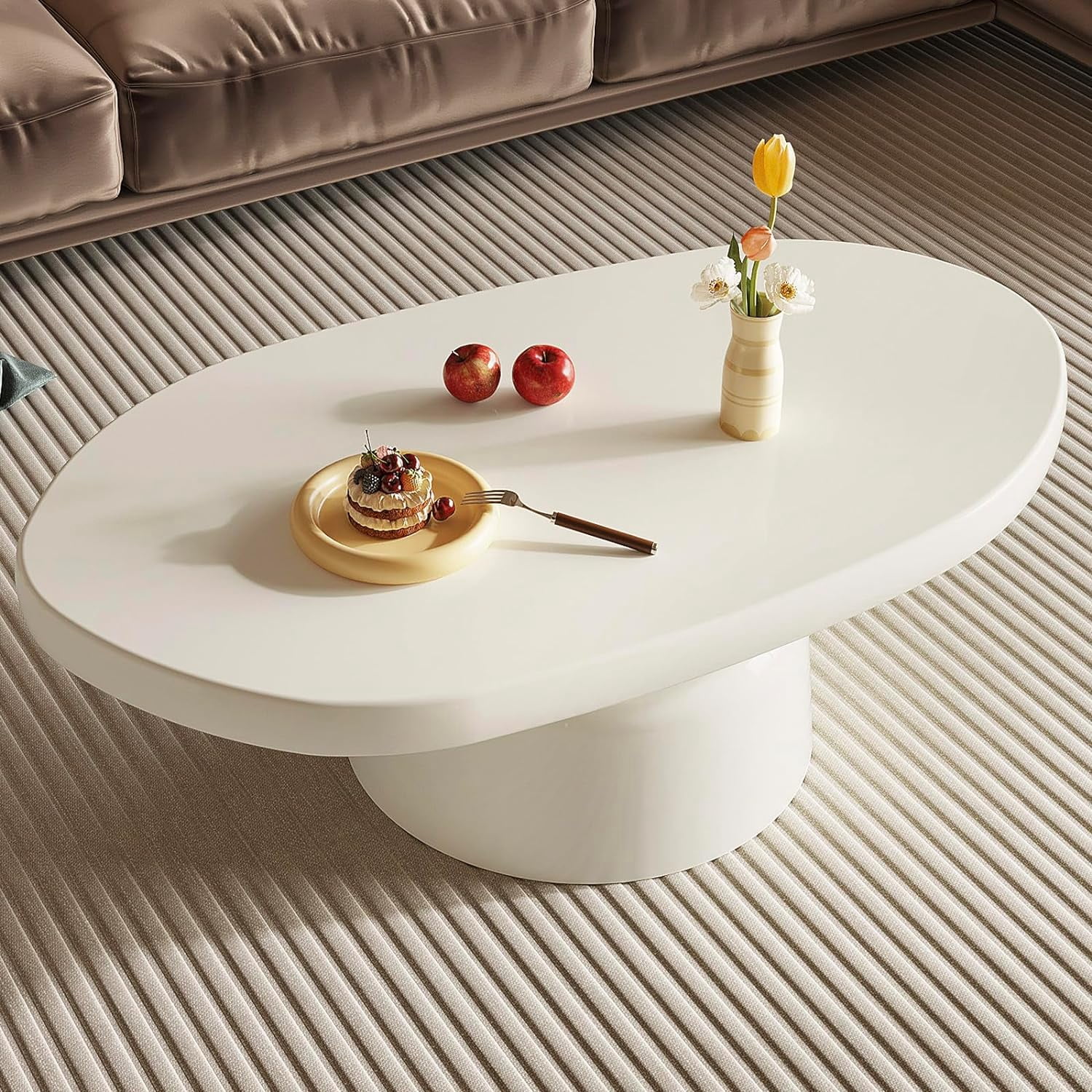 White Oval Coffee Table, Round Corner Center Table for Living Room, Low ...