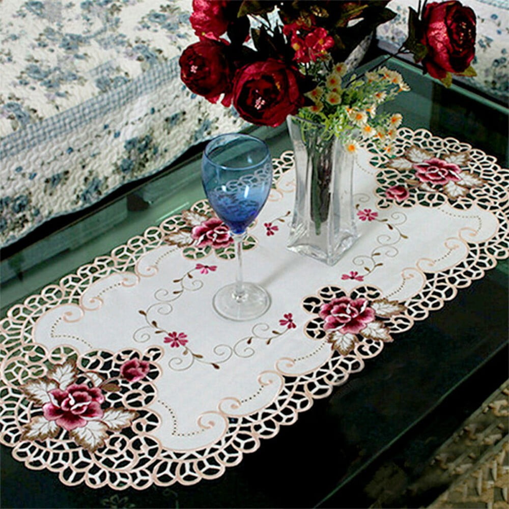 White Oval Lace Tablecloth Doily Embroidered Floral Small Table Cover ...