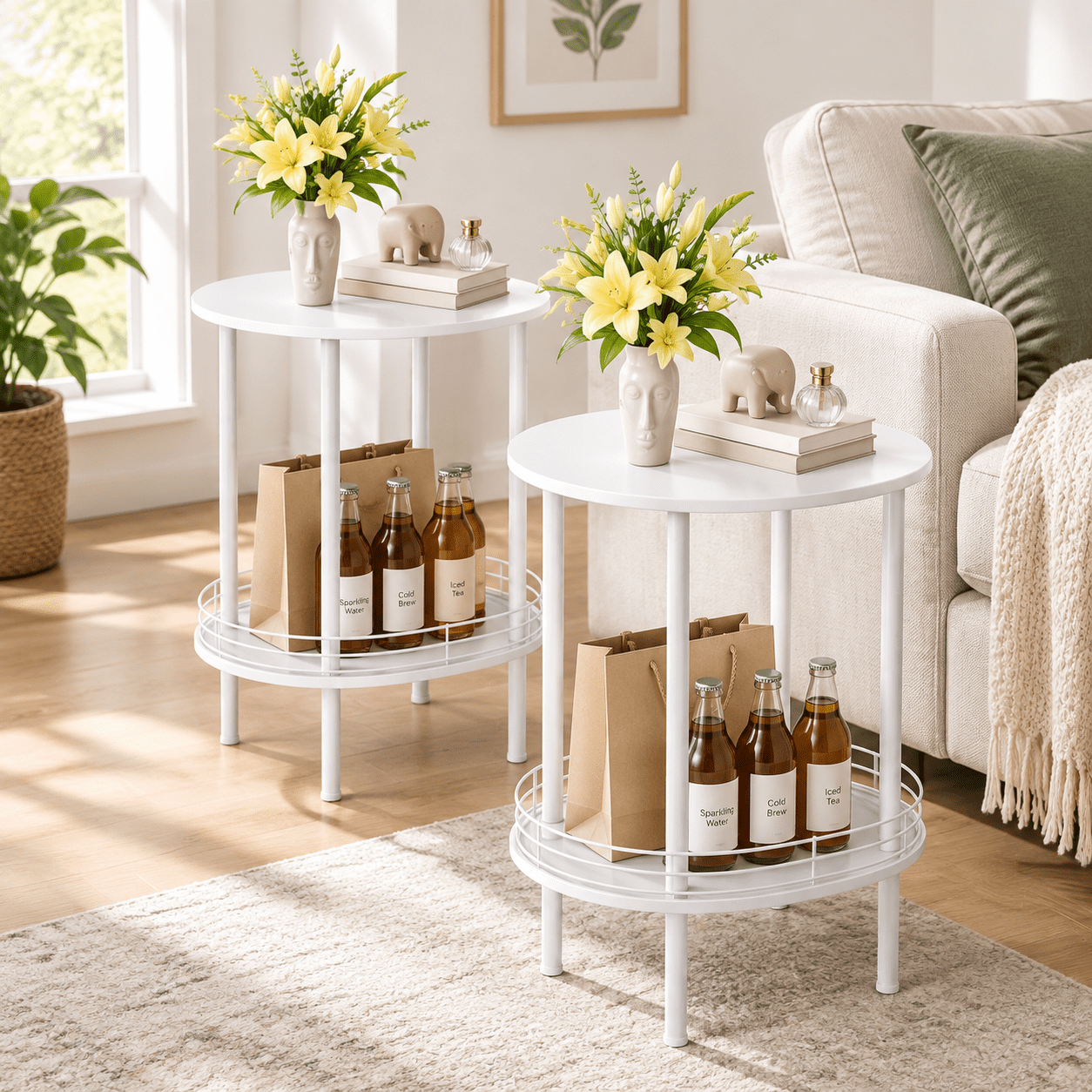 White Oval Nightstand Set Of 2 Small Modern Round Side Table With ...