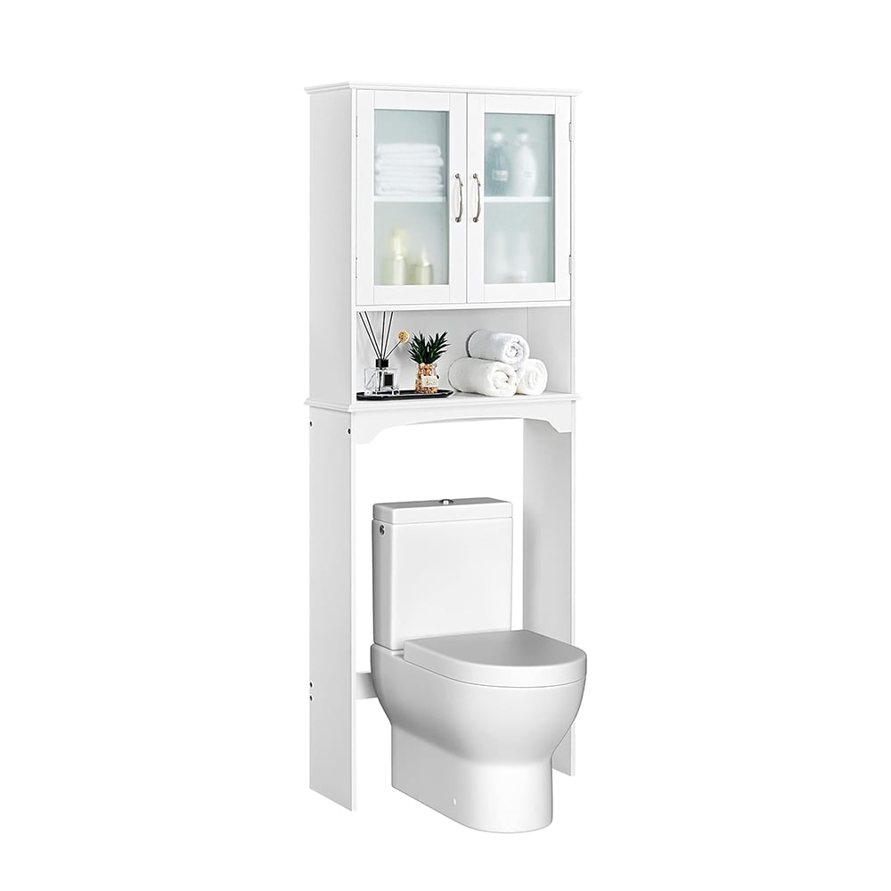 White Over The Toilet Rack with Tempered Glass Doors and Open Shelf ...