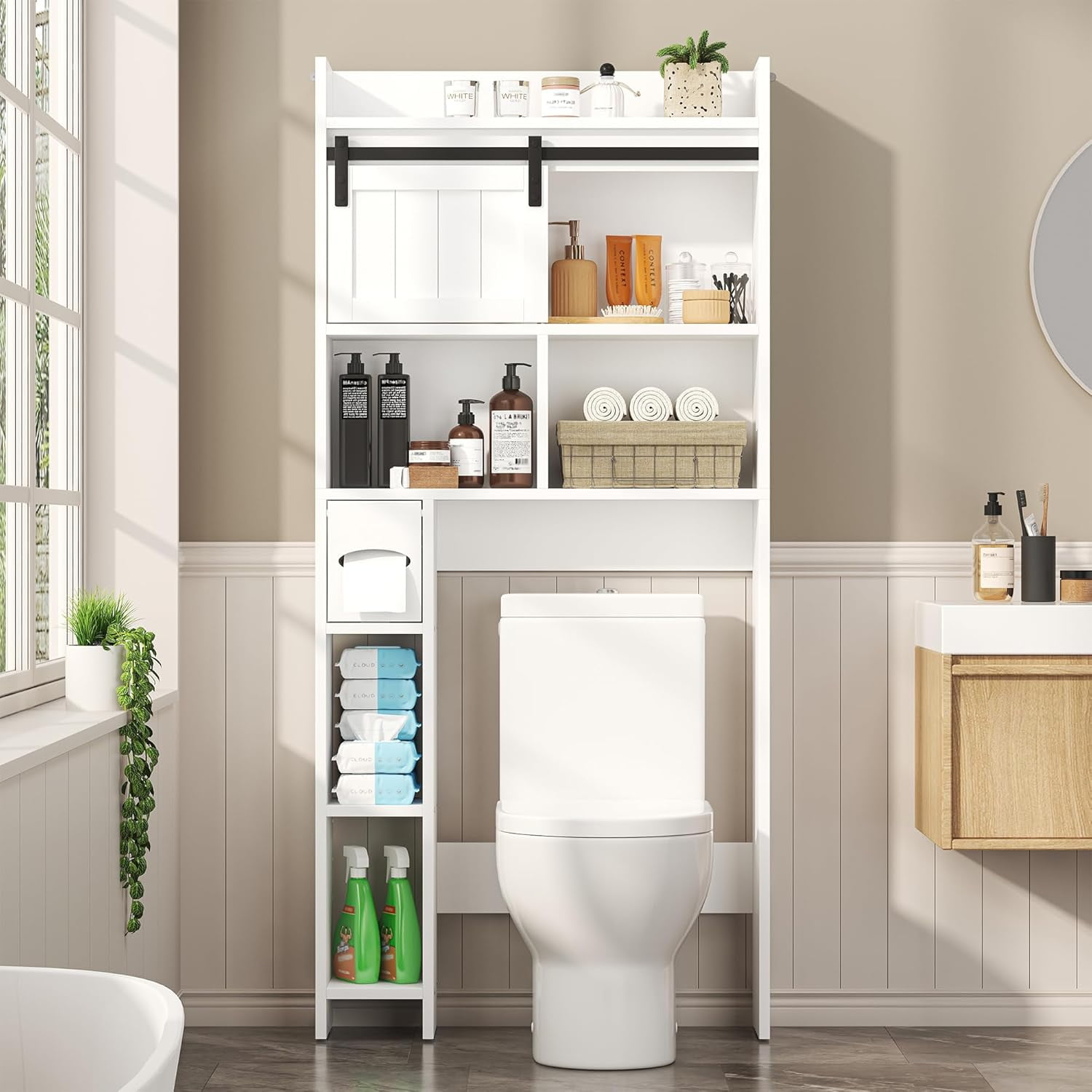 White Over The Toilet Storage Cabinet, Above Toilet Shelf with Sliding ...