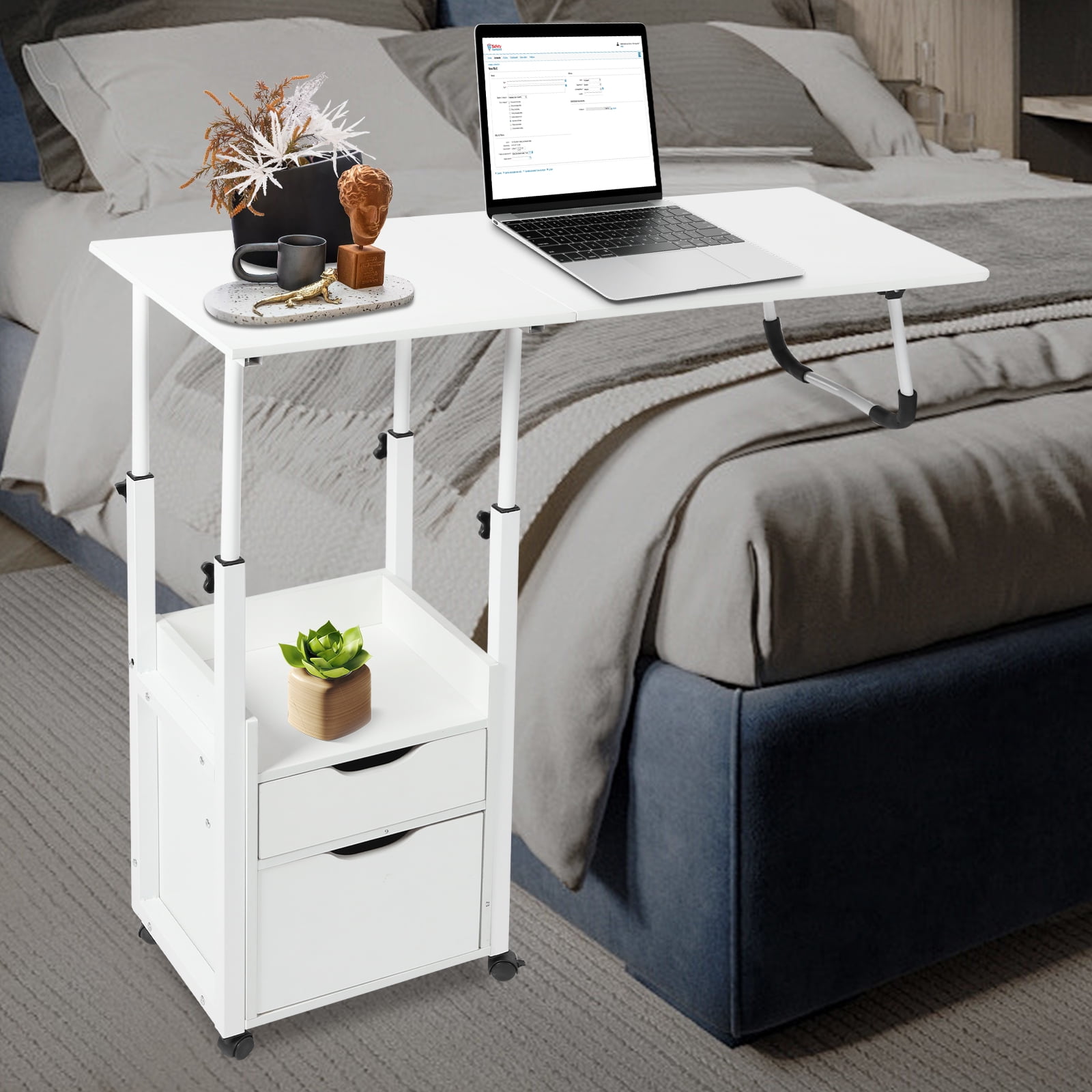 White Overbed Table w/Wheels Movable Bedside Table Height Adjustable ...