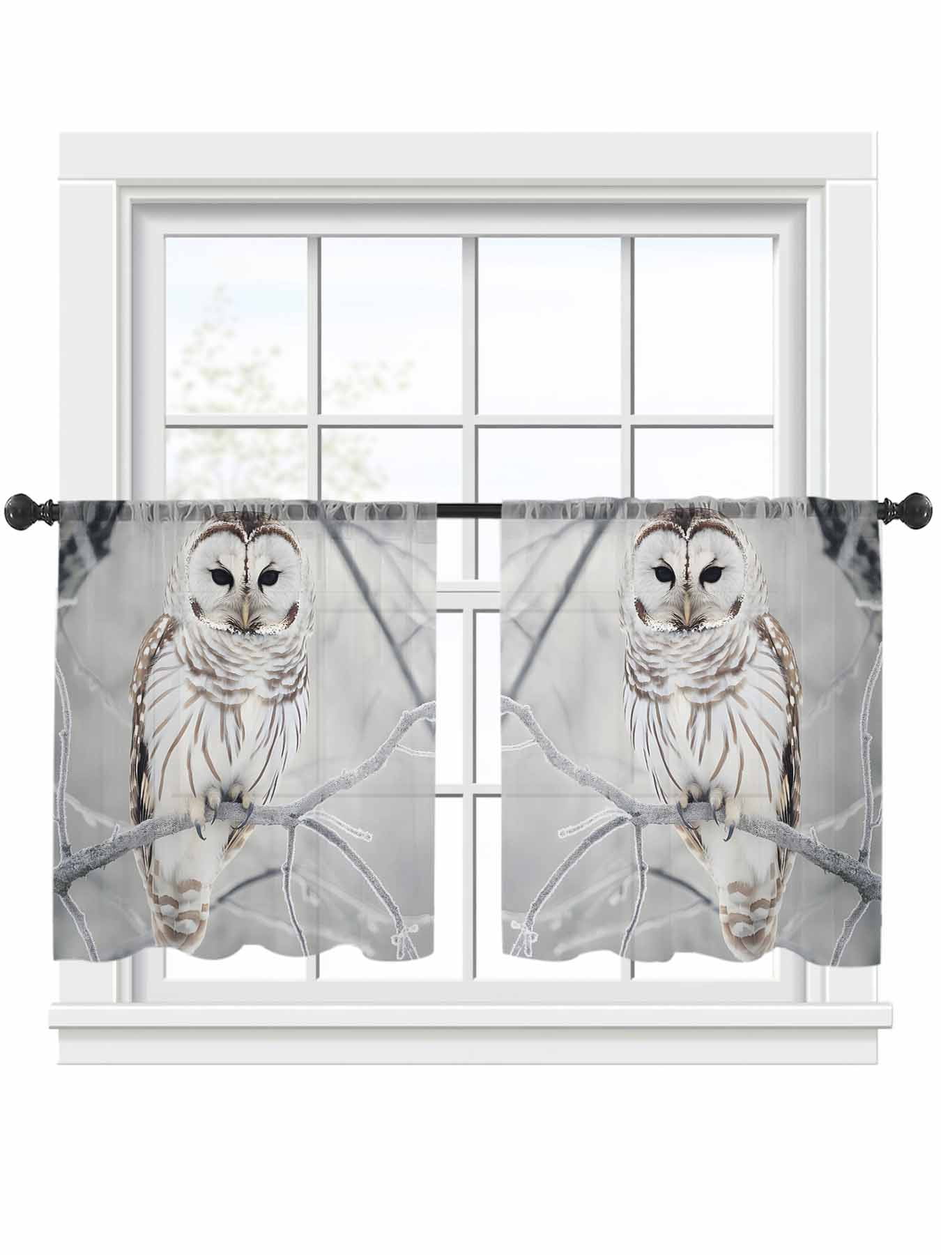 White Owl Sheer Curtains 54 Inch Length 2 Panels Set, Semi Transparent ...