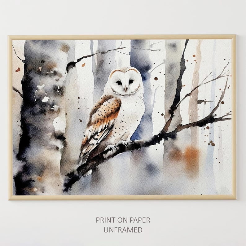 White Owl Winter Forest Wall Art Barn Owl Poster Forest Bird Wall Art ...