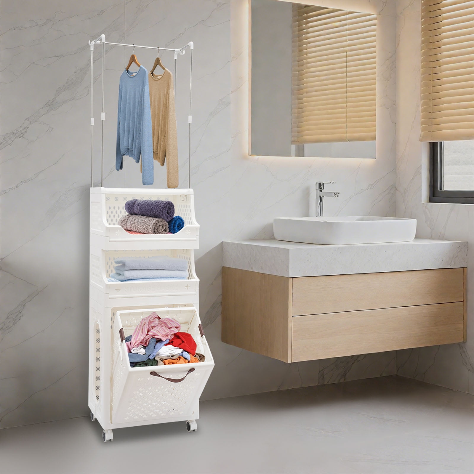 White PP Steel 40*30*157cm Four-Layer Separated Laundry Basket Hanger ...