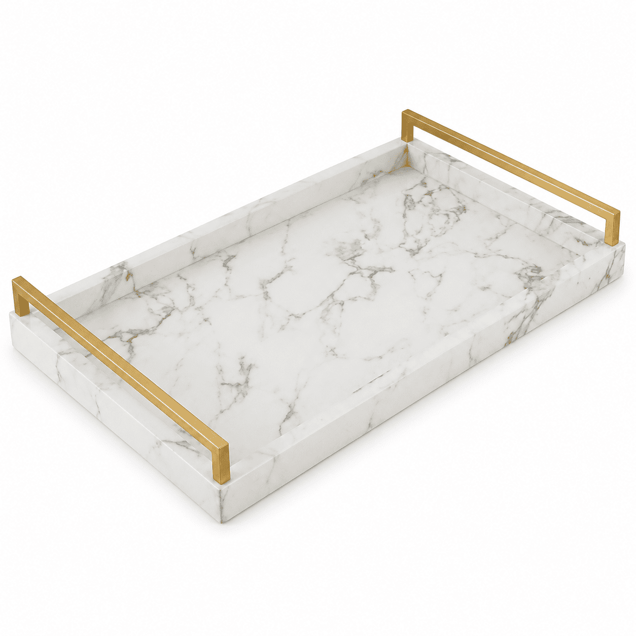 White PU Leather Marble Finish Decorative Serving Tray with Brushed ...