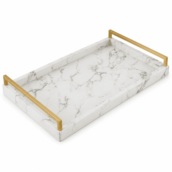 White PU Leather Marble Finish Decorative Serving Tray with Brushed ...