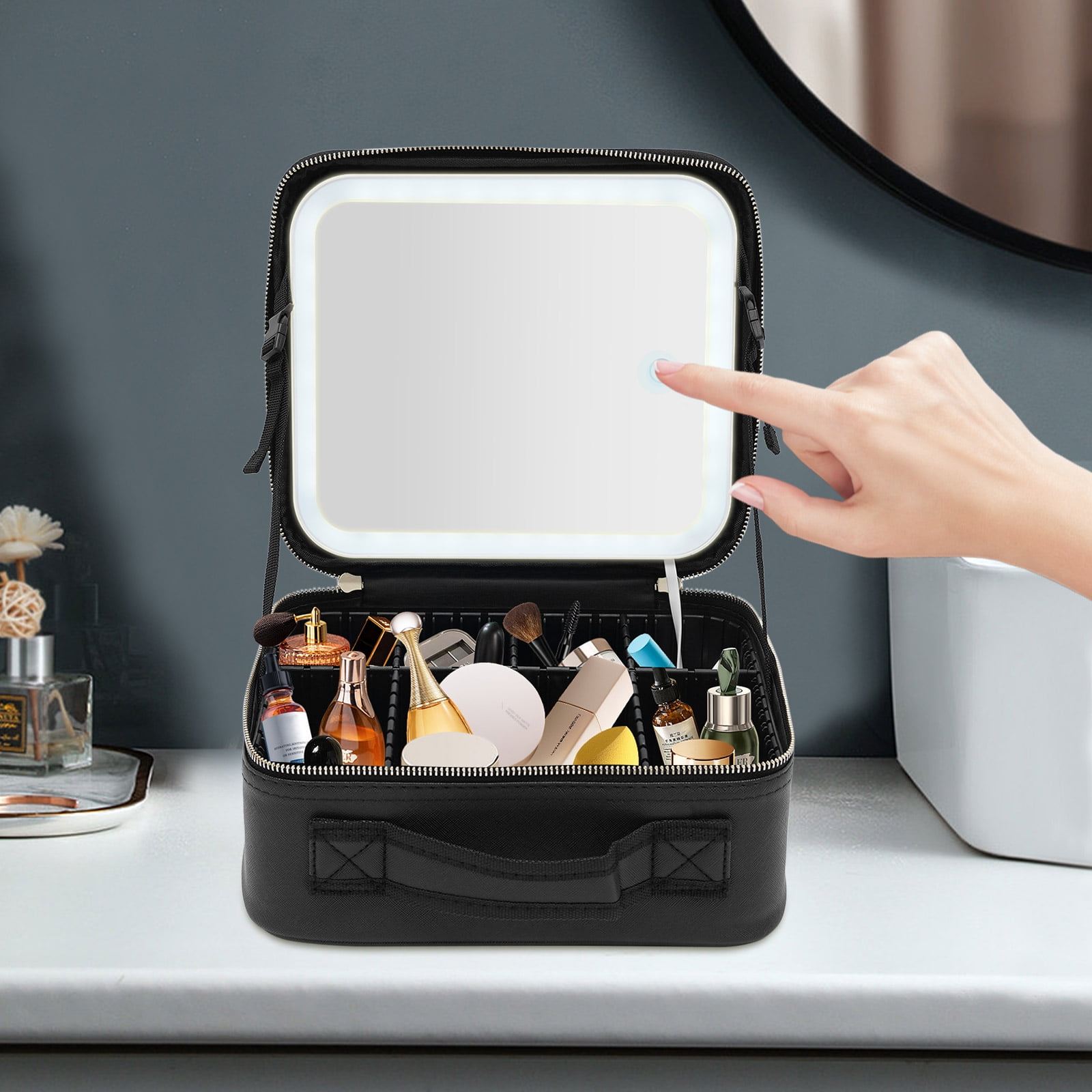 White PU Makeup Train Case with Large Lighted Mirror Cosmetic Organizer ...