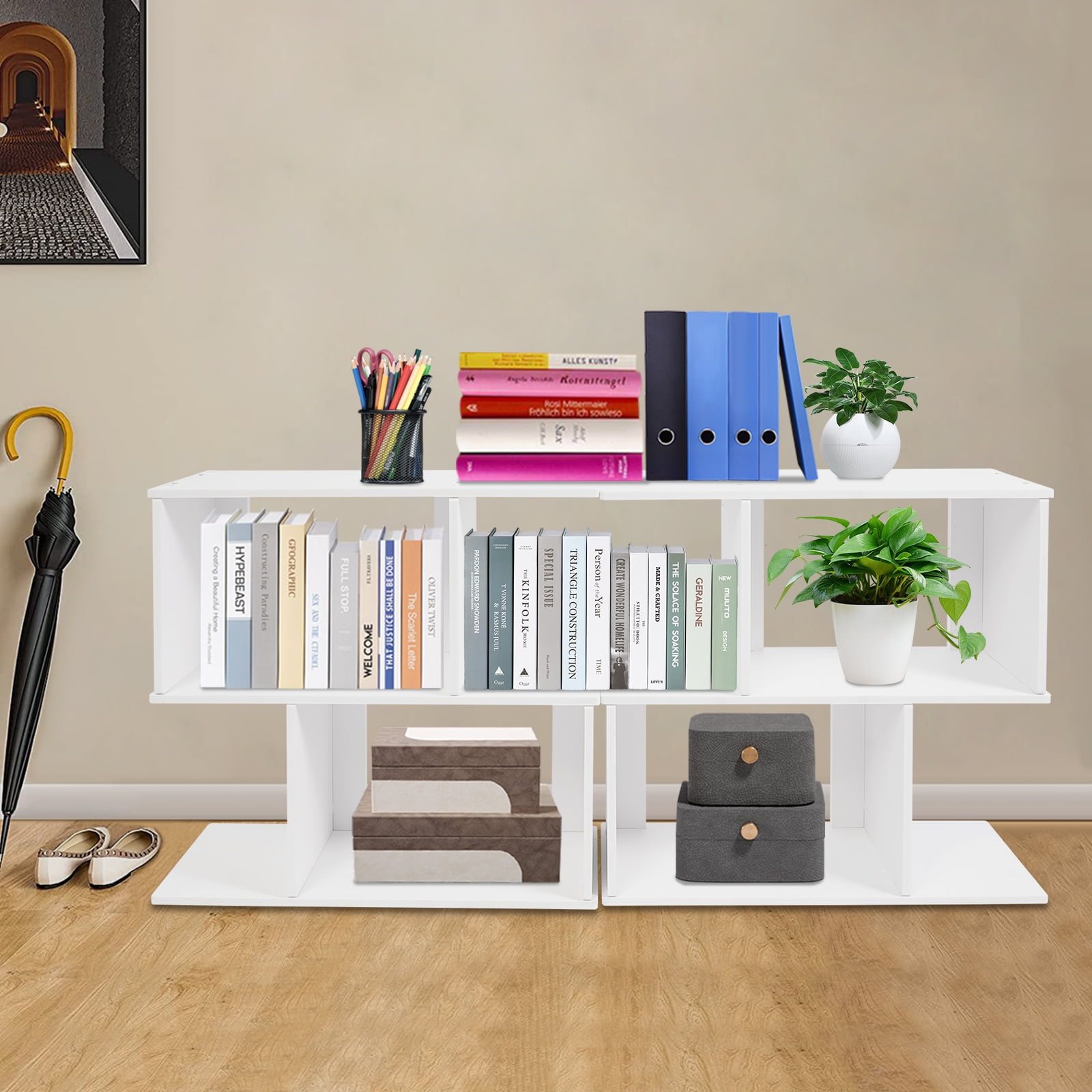 White PVC Z-Shaped 2-Tier Desktop Bookshelf, Freestanding Organizer ...