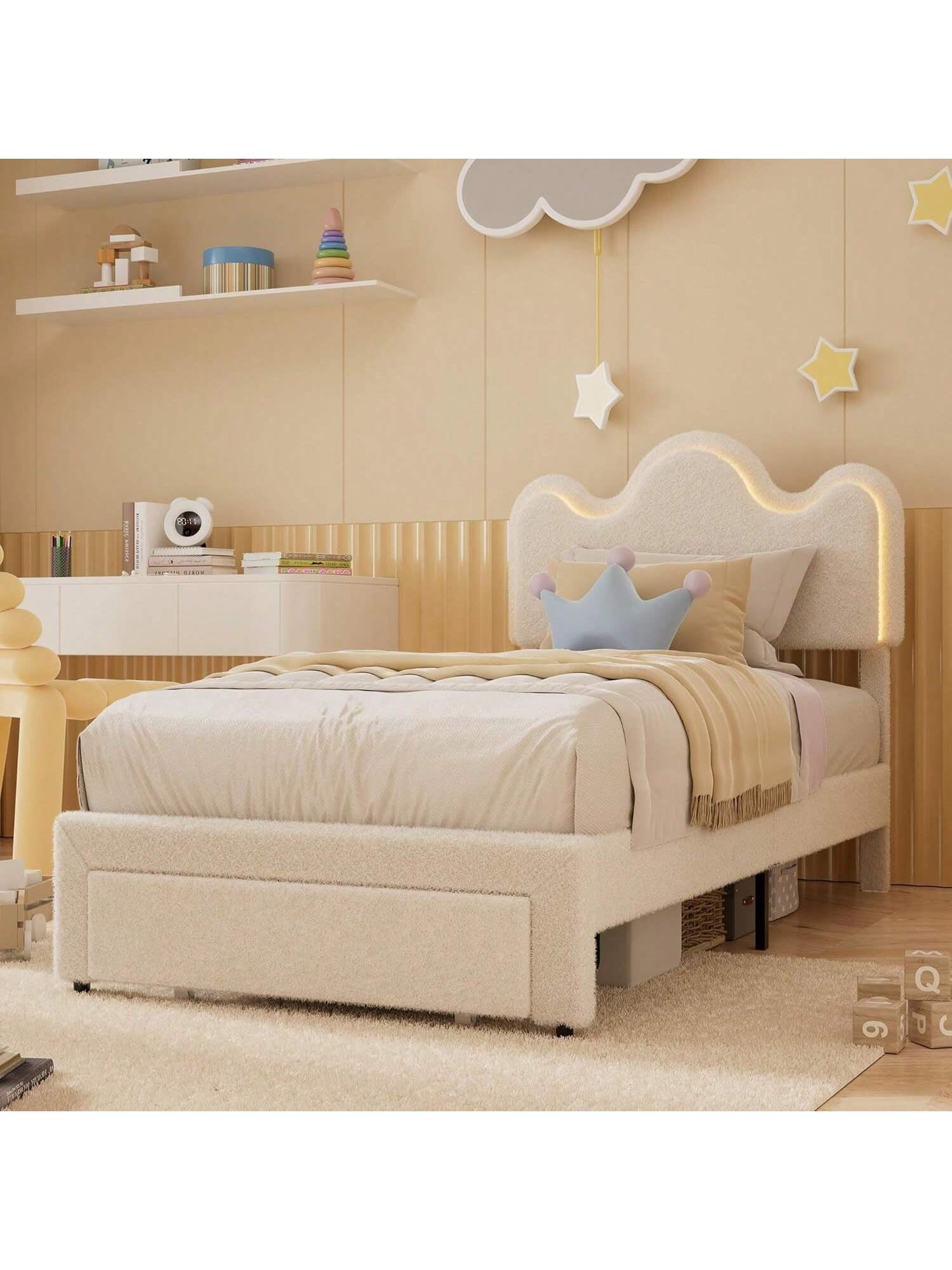 White Pair Bed Frame With Flower Headboard Upholstered Princess Bed ...