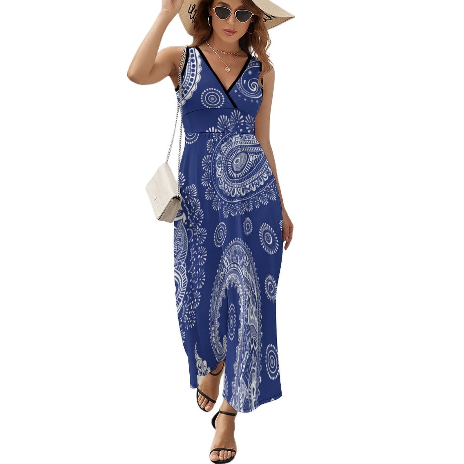 White Paisley Pattern Blue Background Pattern Design Sleeveless Dress ...