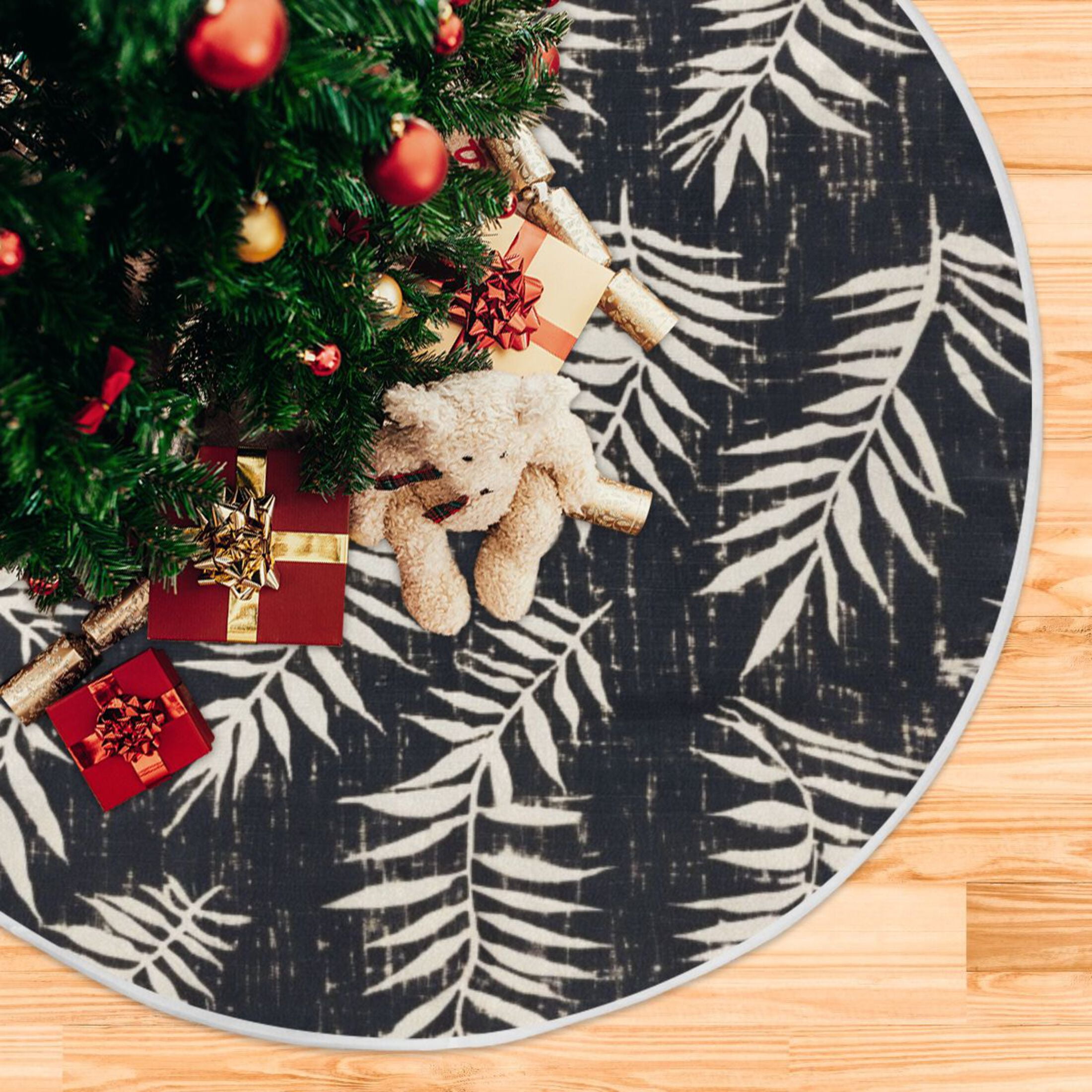 White Palm Leaves on Black Background Christmas Tree Skirt Stand Mat ...