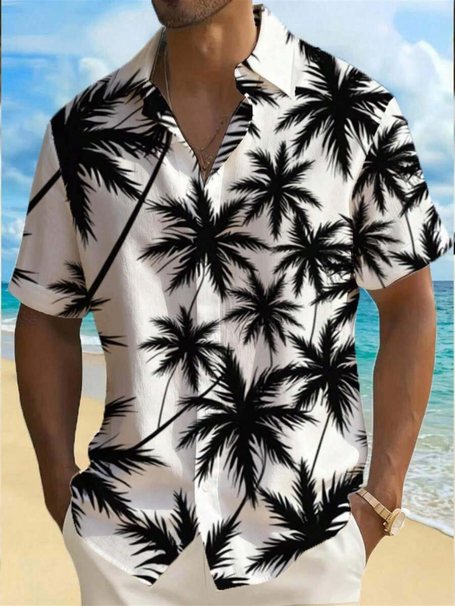 White Palm Tree Print Mens Button-Up Hawaiian Shirt For Beach Vacation ...