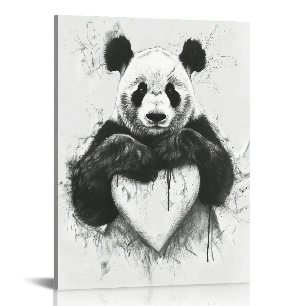 White Panda Bear Making a Heart Ink Illustration Black Framed Wall Art ...